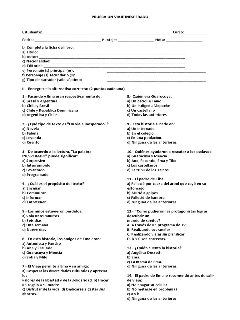 Prueba Un Viaje Inesperado 3 | PDF | Libros para adolescentes