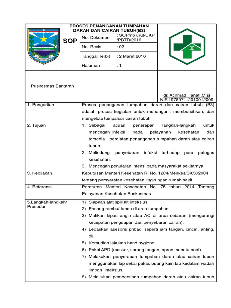 Sop Proses Penanganan Tumpahan Cairan Tubuh (B3) | PDF