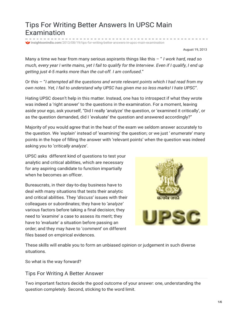 Tips For Writing Better Answers in UPSC Main Examination | PDF ...