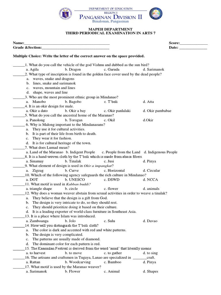 Arts 7 3rd Quarter Exam | PDF | Philippines
