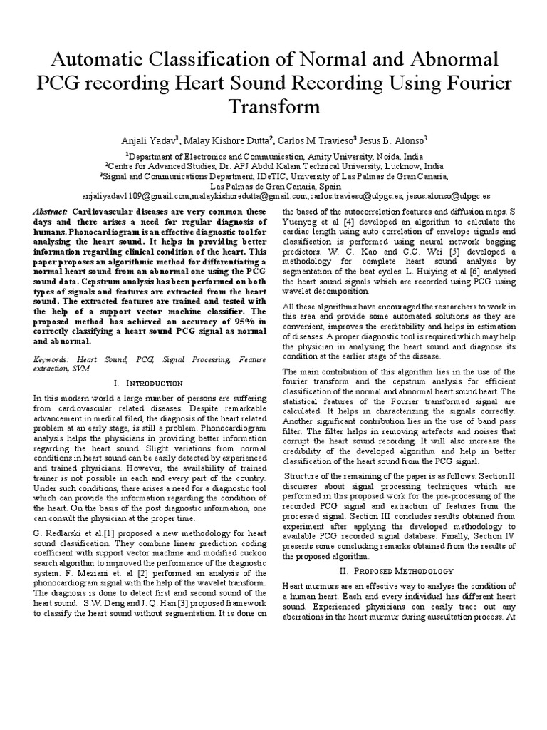 Classification of Normal and Abnormal Heart Sounds Using Fourier Transform and Support Vector ...