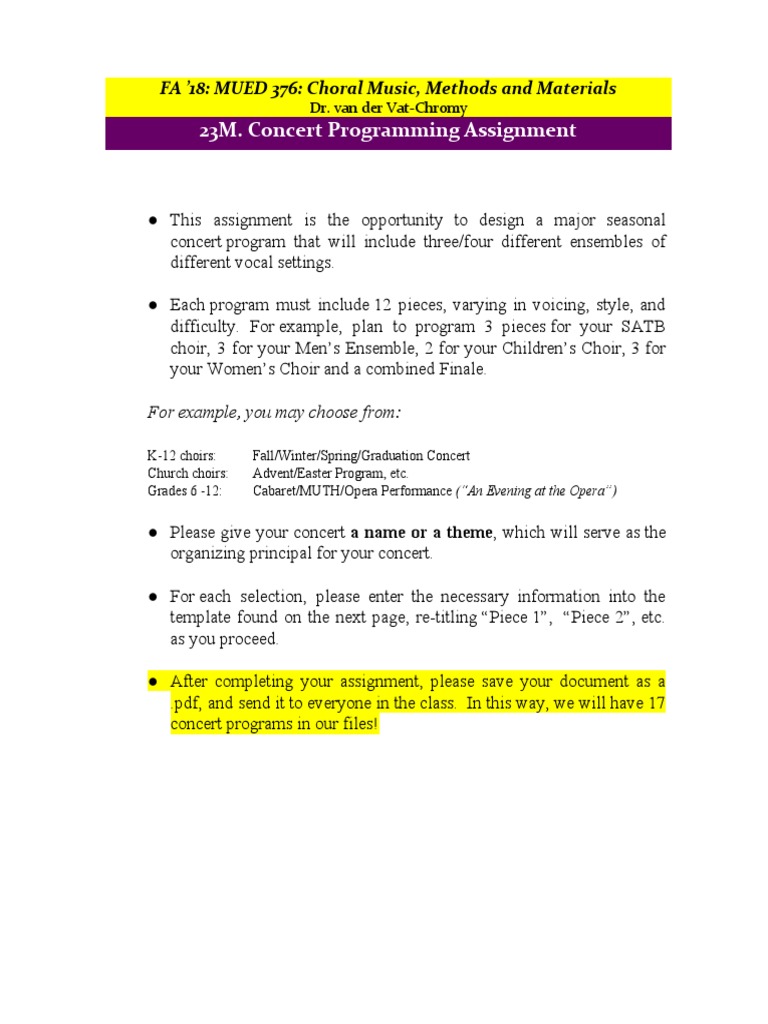 23M. Concert Programming Assignment: FA '18: MUED 376: Choral Music ...