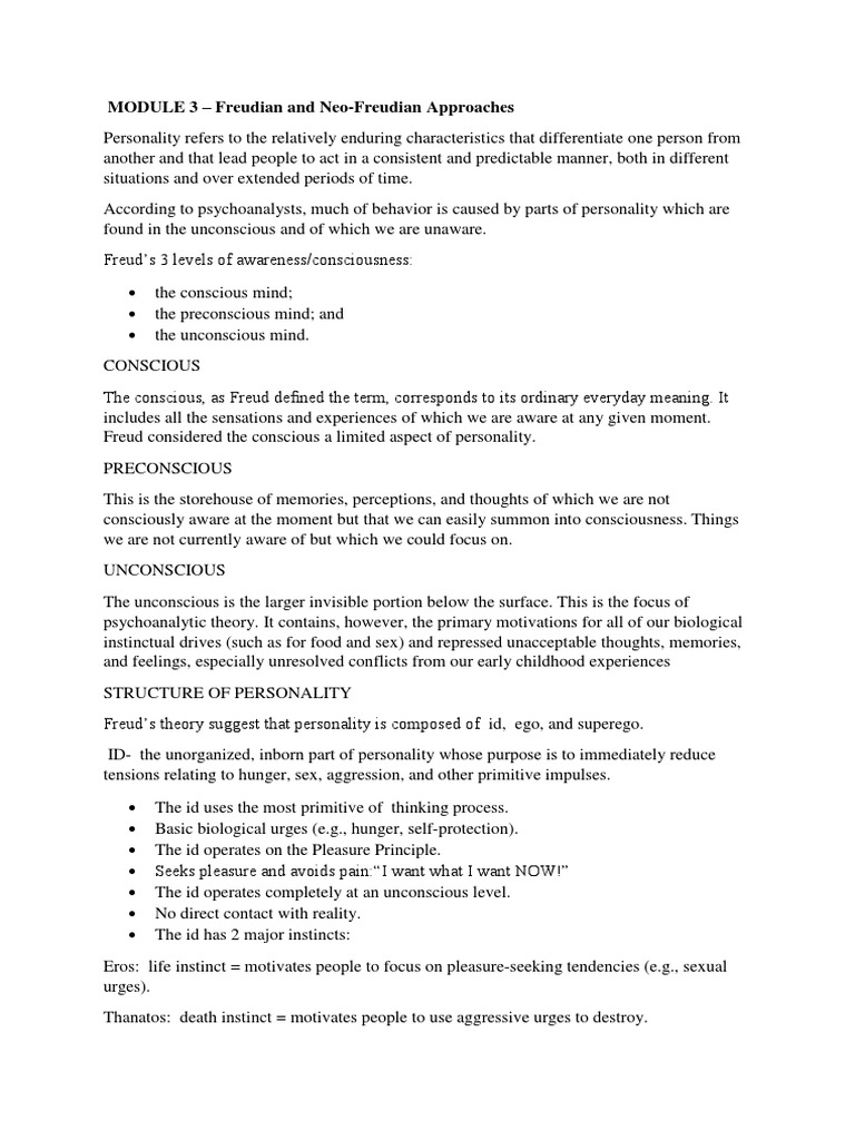 MODULE 3 - Freudian and Neo-Freudian Approaches | PDF | Id | Defence ...