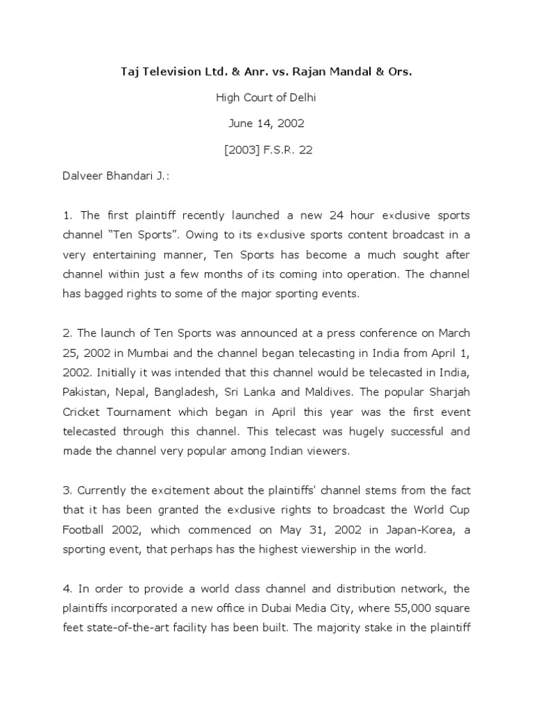 Taj Television Ltd. Anr. v. Rajan Mandal Ors. | PDF | Copyright ...