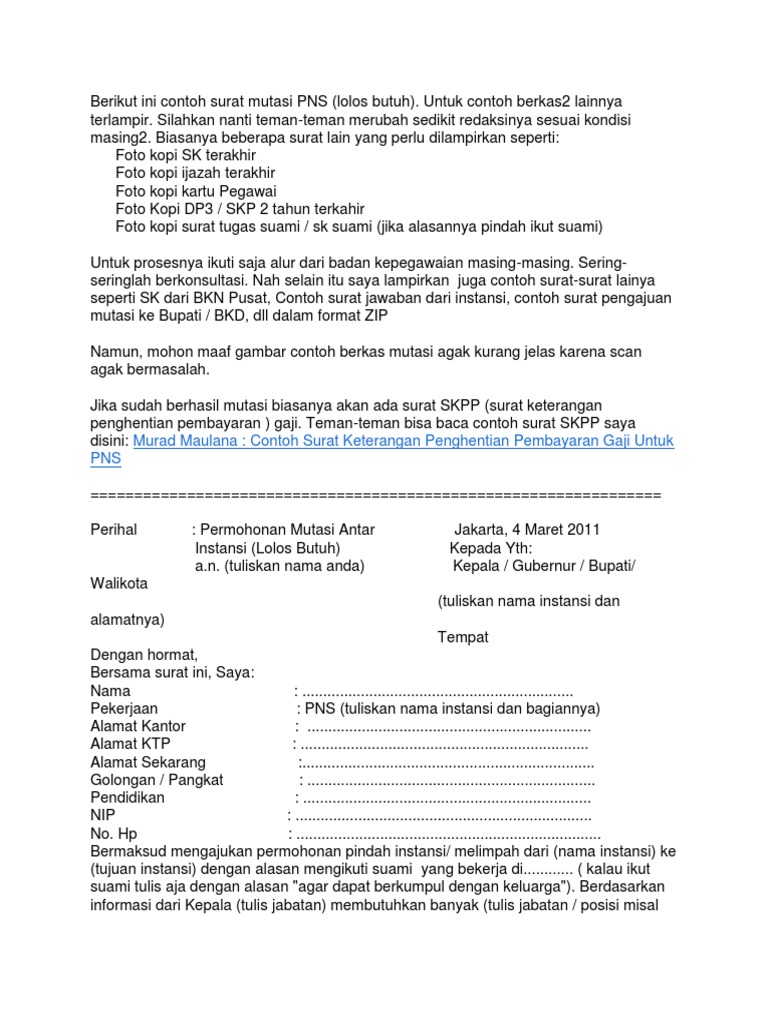 Contoh Surat Mutasi PNS Lolos Butuh | PDF | Karier & Perkembangan