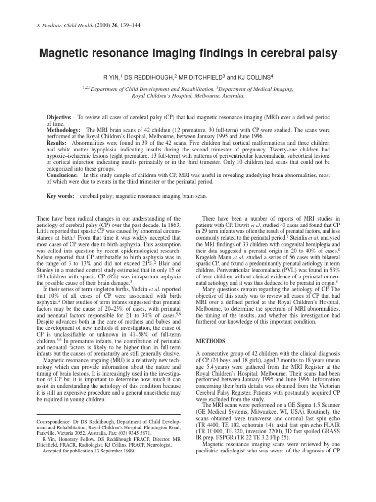 Magnetic Resonance Imaging Findings in Cerebral Palsy: R Yin, Ds ...