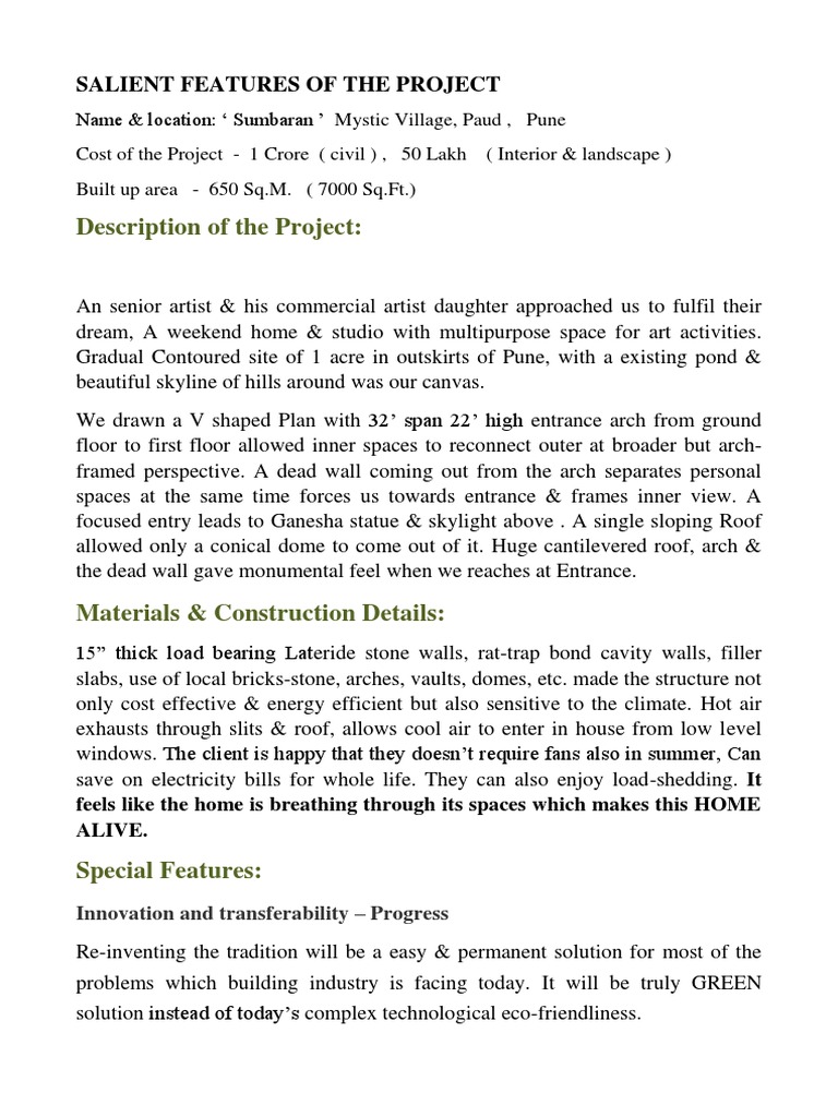 Sailent Features of Project | PDF | Roof | Sustainability