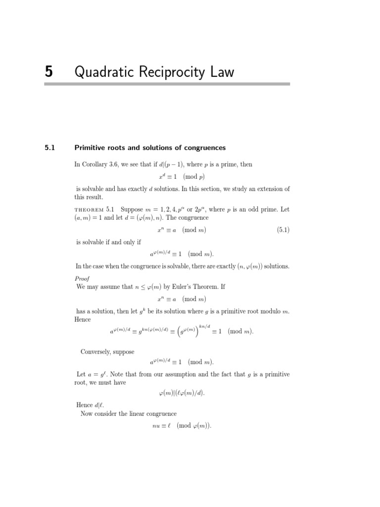 5 Quadratic Reciprocity Law: 5.1 Primitive Roots and Solutions of ...