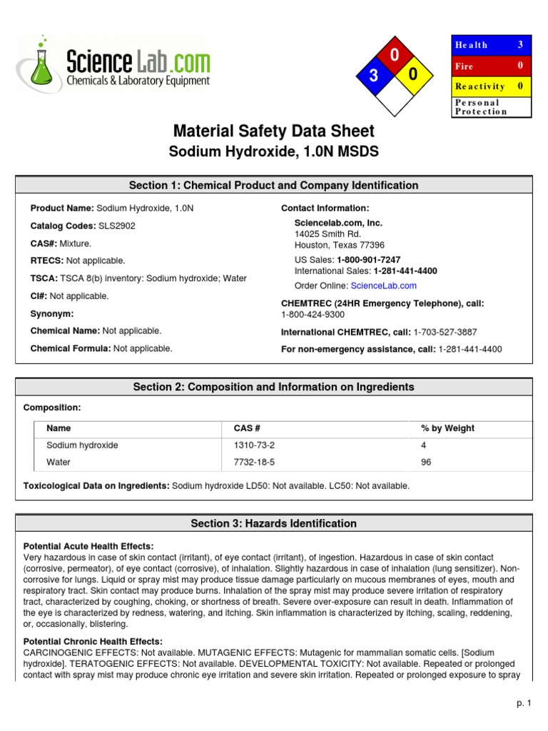 Sodium Hydroxide, 1.0N MSDS: Section 1: Chemical Product and Company ...