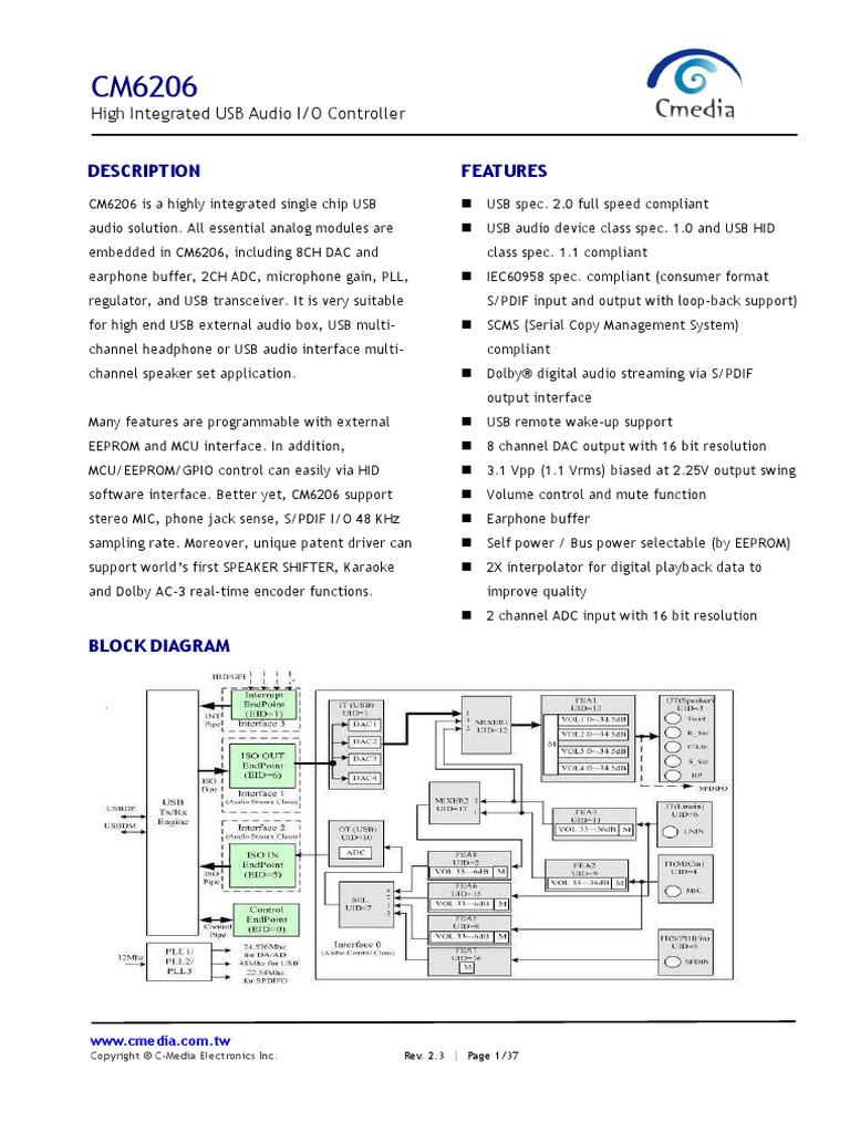 Description Features: High Integrated USB Audio I/O Controller | PDF ...