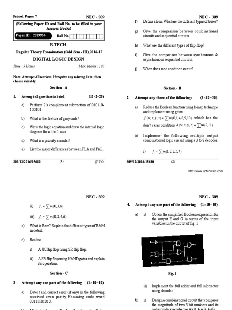 Btech Ec 3 Sem Digital Logic Design Nec 309 2016 17 | PDF | Logic Gate ...