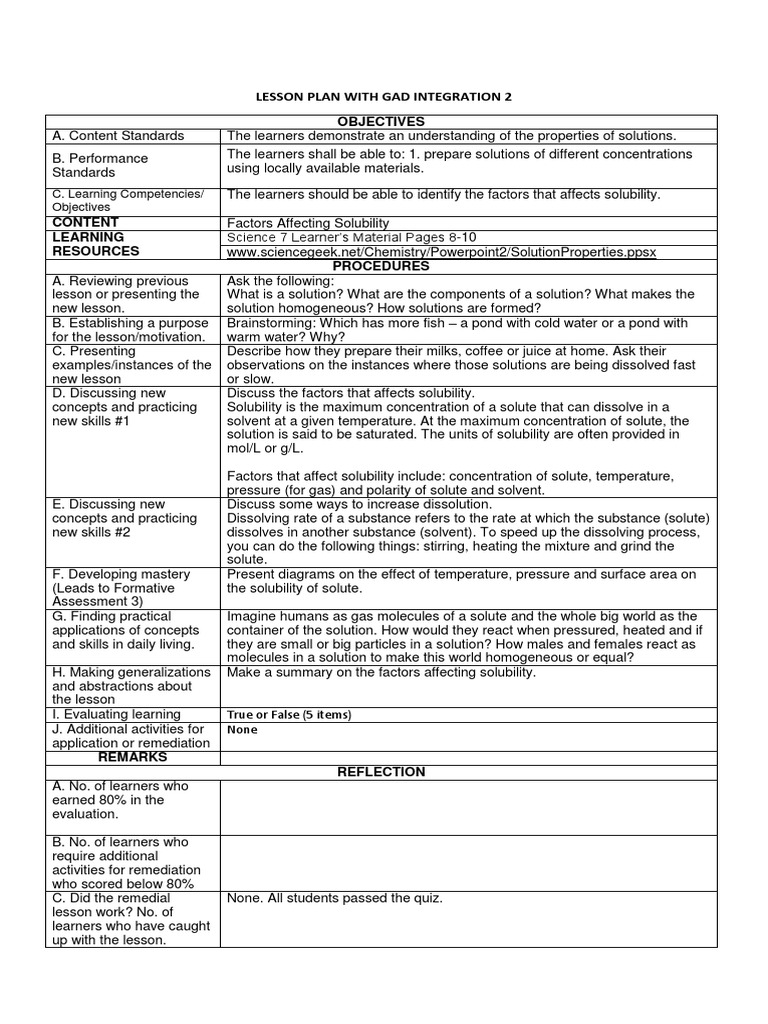Lesson Plan With Gad Integration 2 | PDF | Solution | Solubility