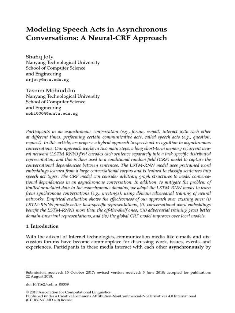 Modeling Speech Acts in Asynchronous Conversations: A Neural-CRF Approach | PDF | Artificial ...