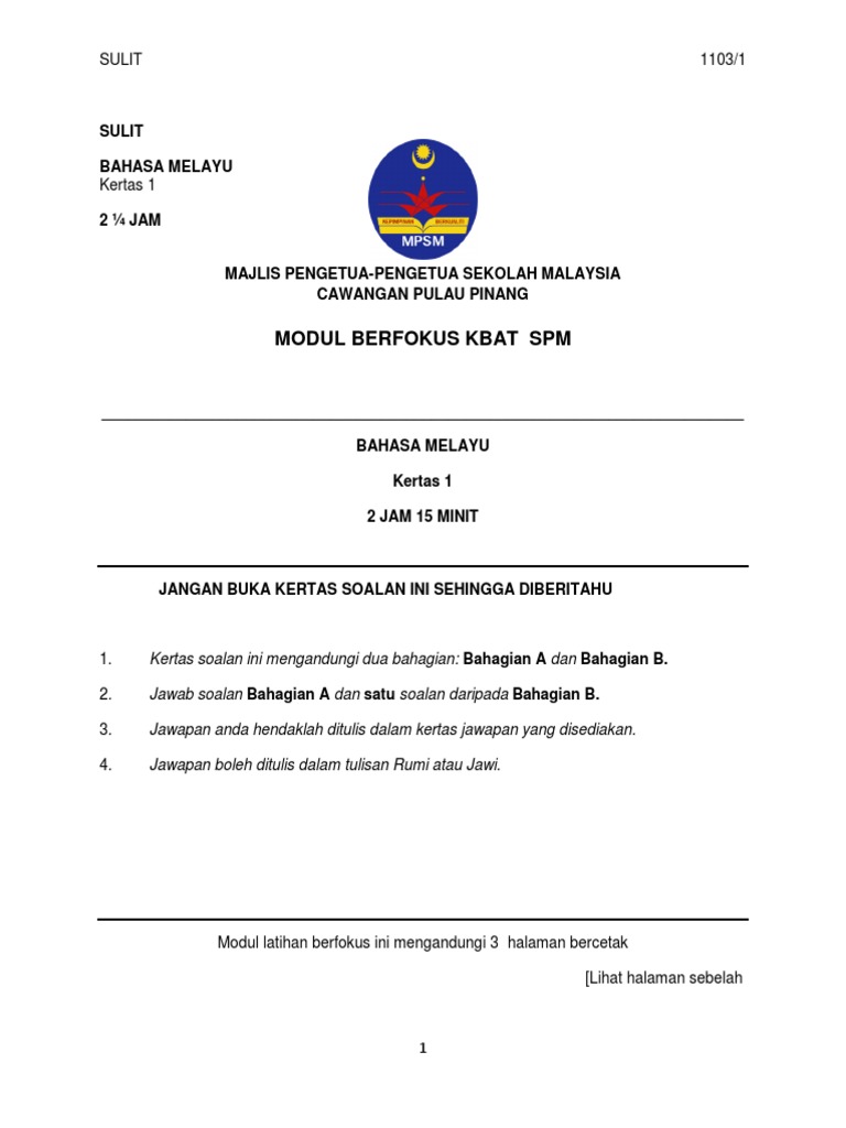 Kertas 1 Pep Percubaan SPM Pulau Pinang 2019 - Soalan PDF | PDF