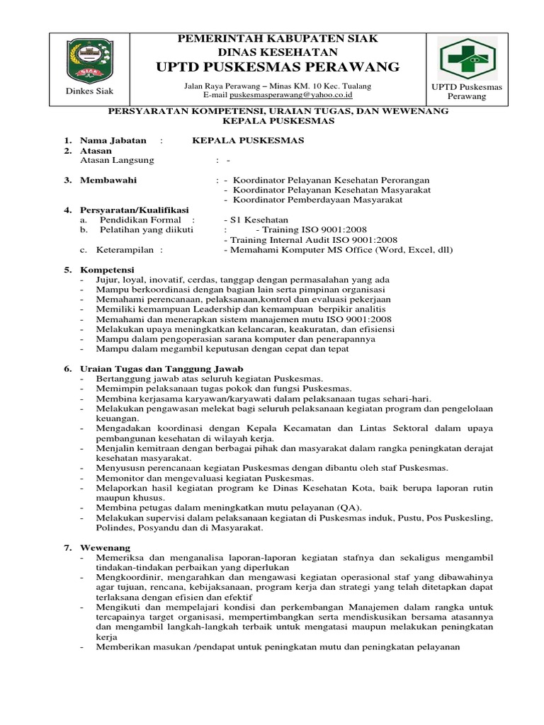 Uraian Tugas Dan Wewenang Kepala Puskesmas | PDF