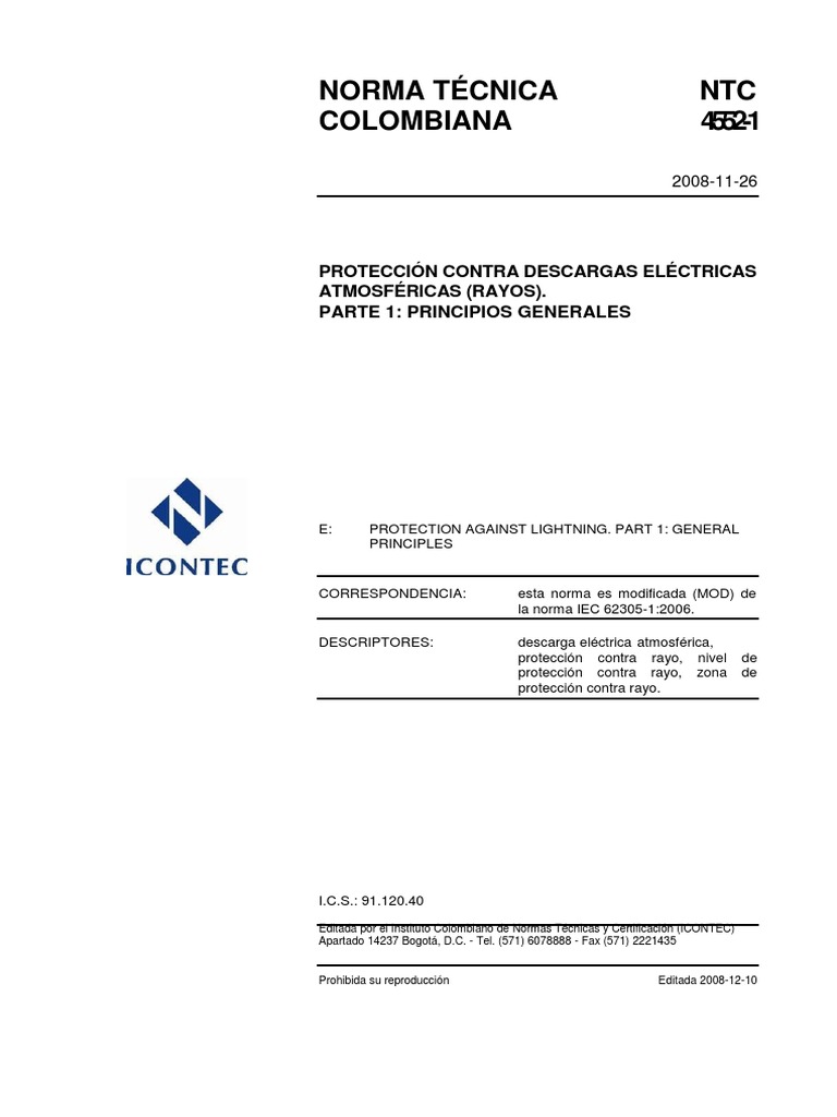 Norma Tecnica NTC Colombiana 4552-1 | PDF | Relámpago | Electricidad