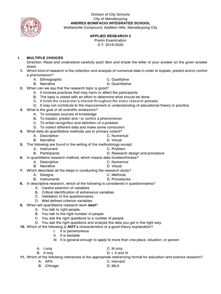 1st Quarter Test Research | PDF | Sampling (Statistics) | Research Design