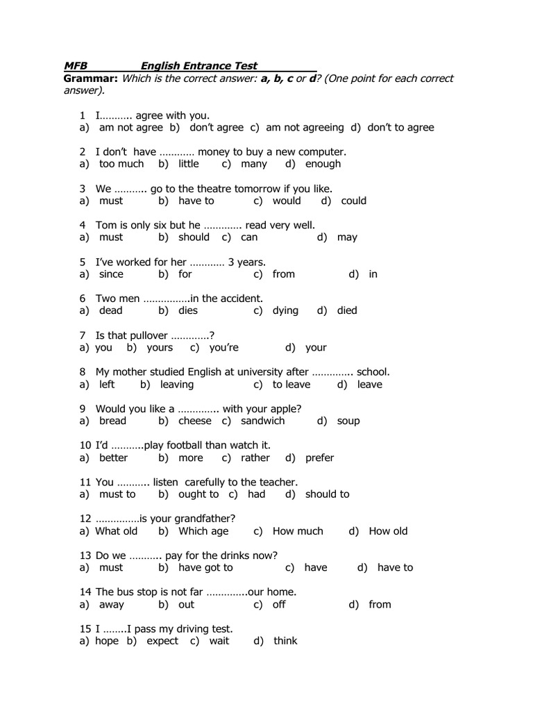 MFB English Entrance Test Grammar | PDF
