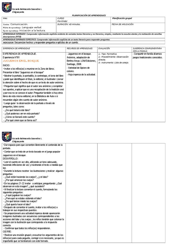 Plani Lenguaje nt1 | PDF | Publicación | Aprendizaje