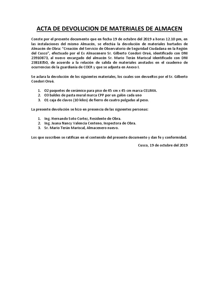 Acta de Devolucion de Materiales de Almacen | PDF