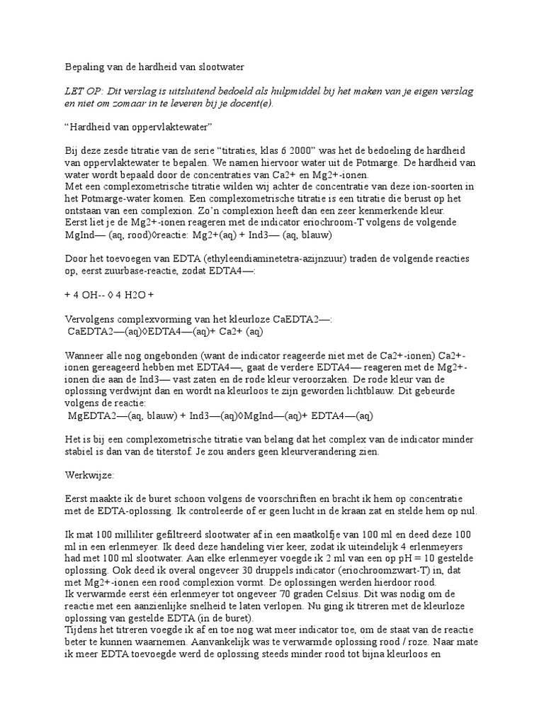 Bepaling Van de Hardheid Van Slootwater | PDF