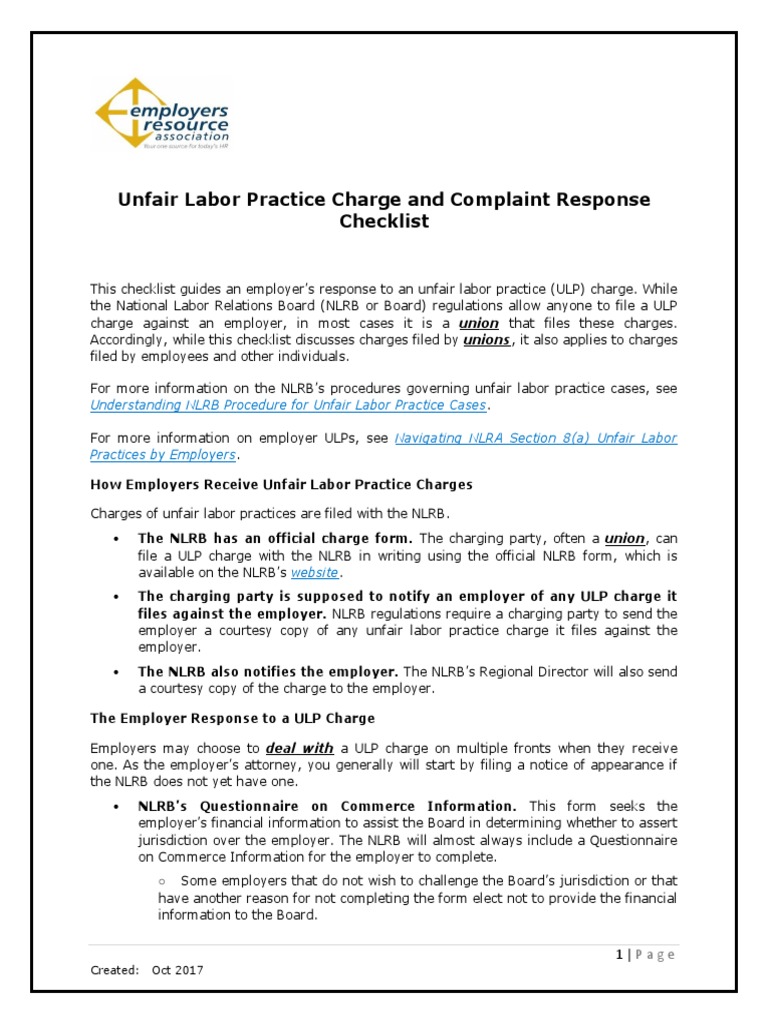 Unfair Labor Practice Charge and Complaint Response Checklist | PDF ...