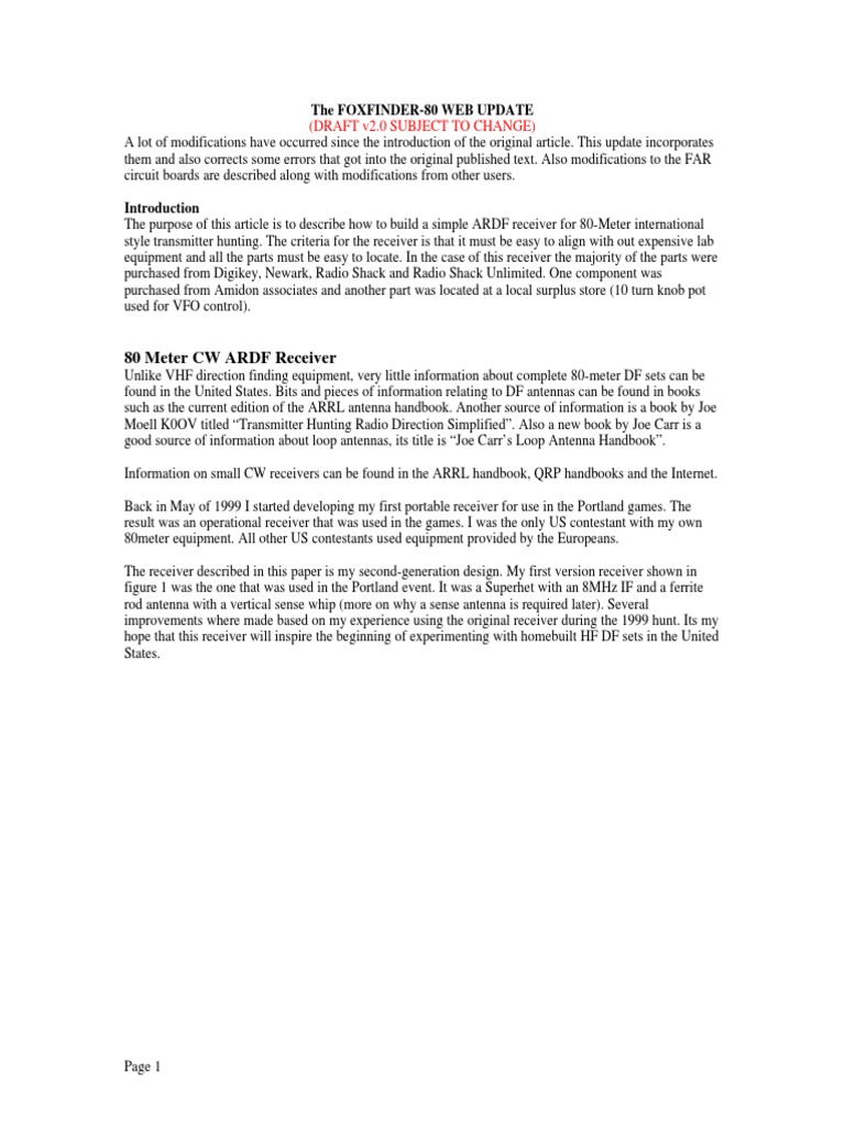 80 Meter CW ARDF Receiver: The Foxfinder-80 Web Update | PDF ...