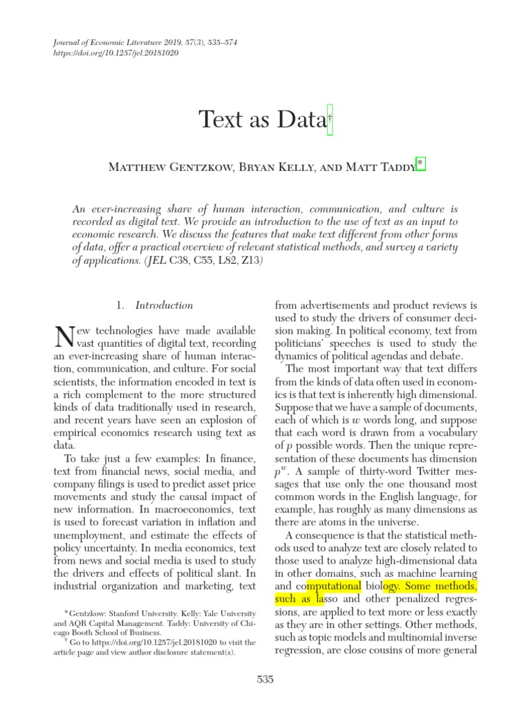 Text As Data: Matthew Gentzkow, Bryan Kelly, and Matt Taddy | PDF ...