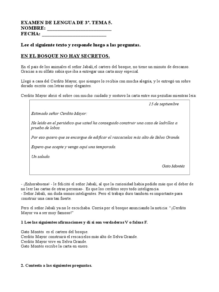 Examen Lengua 3º Tema 3 | PDF