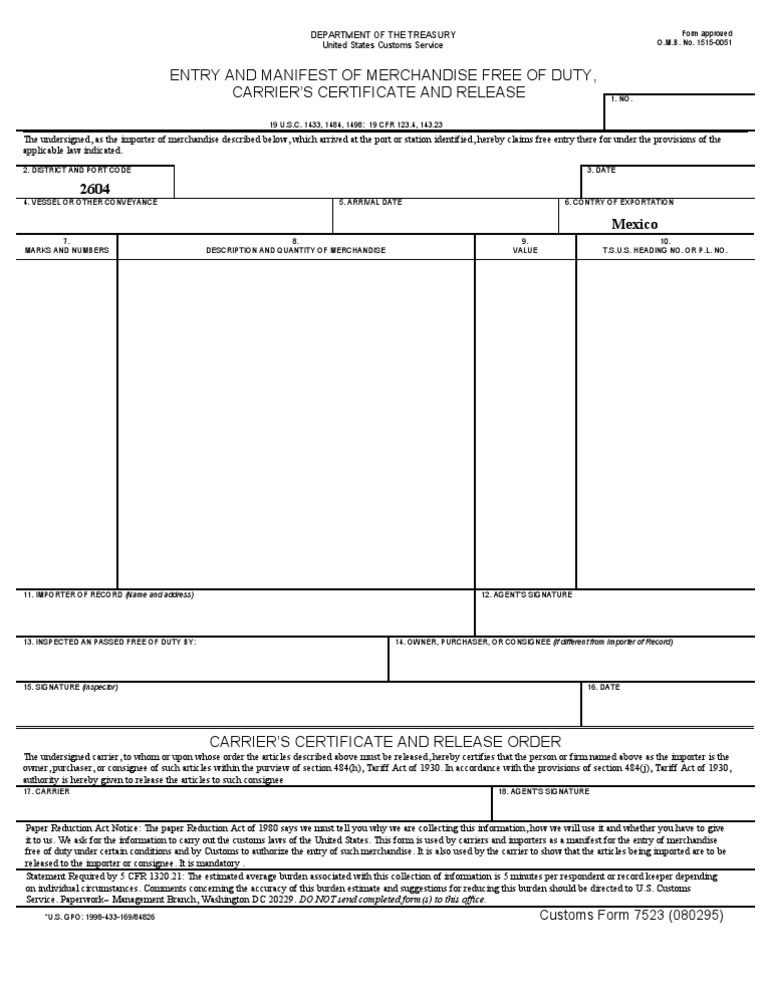 Cbp Form 7523 Fillable - Printable Forms Free Online