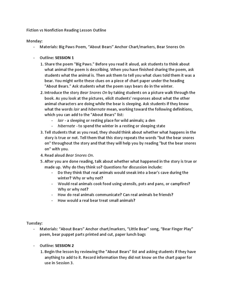 Fiction vs Nonfiction Bear Lesson Plan | PDF | Bears | Books