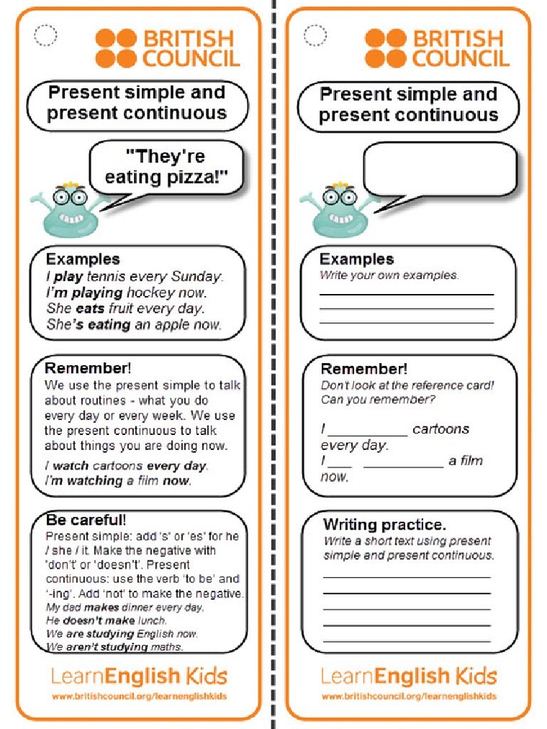 Grammar Practice Reference Card Present Simple and Present Continuous | PDF