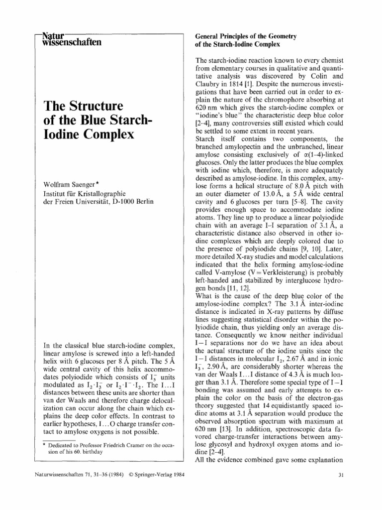 The Structure of The Blue Starch-Iodine Complex, Saenger1984 | PDF ...