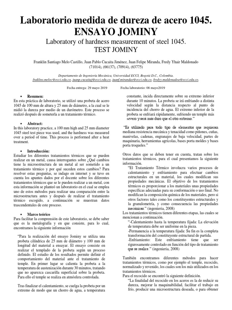 Medición de Dureza del Acero 1045 Jominy | PDF | Tratamiento a base de ...