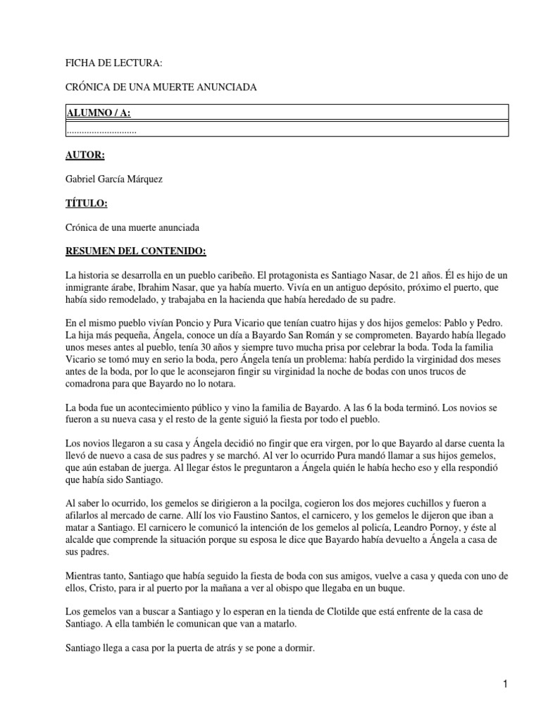 Ficha de Lectura. Crónica de Una Muerte Anunciada. | PDF | Narrativa