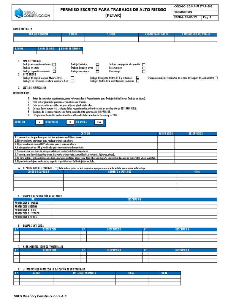 Permiso de Trabajo de Alto Riesgo - Petar | PDF