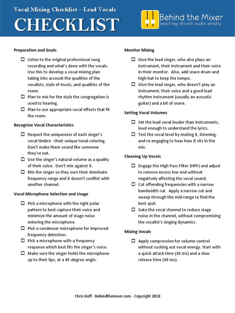 Checklist Mixing Vocals | PDF | Singing | Microphone