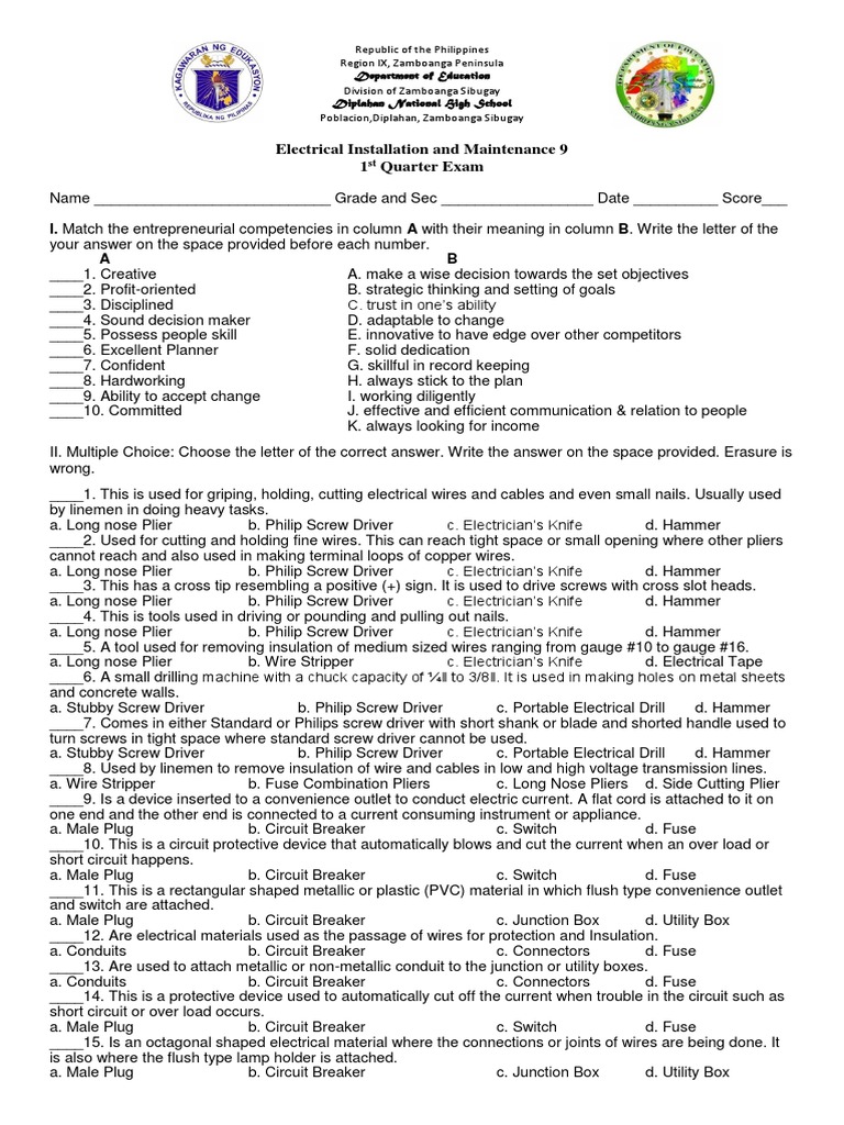 Electrical Installation and Maintenance 9 1 Quarter Exam | PDF ...