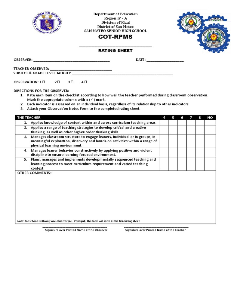 Cot Observation Form | PDF | Curriculum | Teachers
