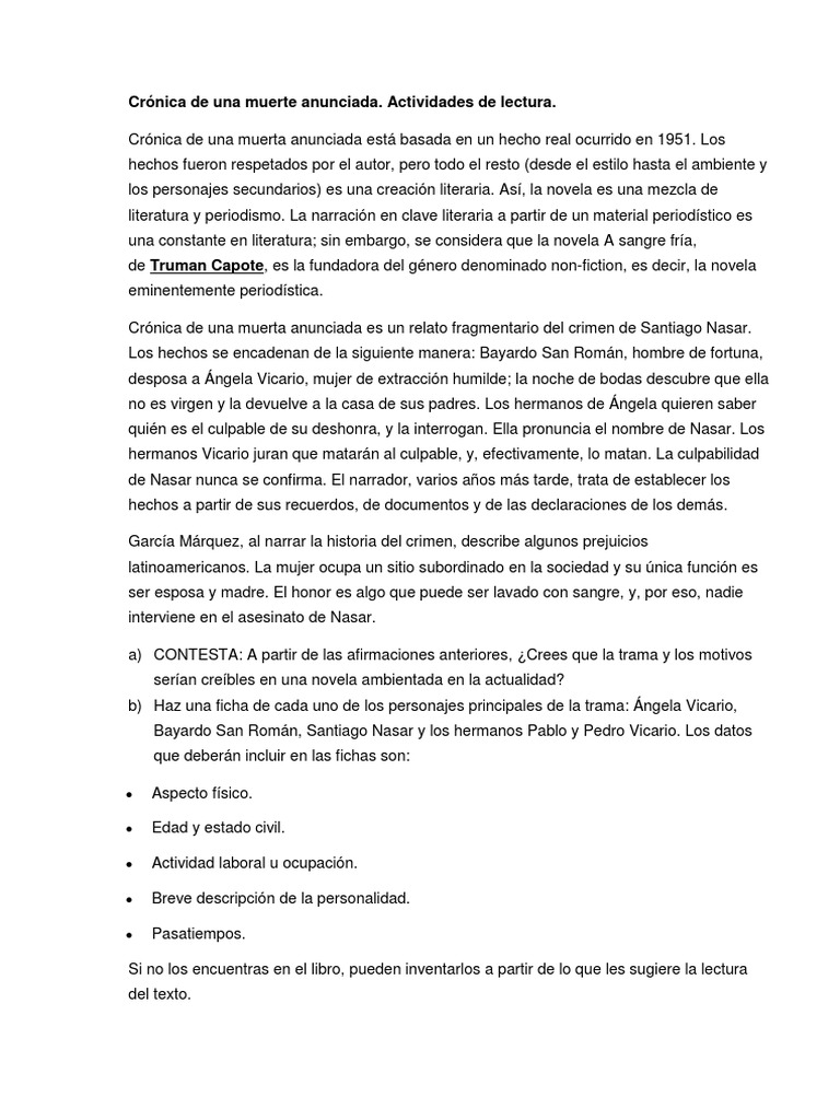 Actividades Crónica de Una Muerte Anunciada | PDF