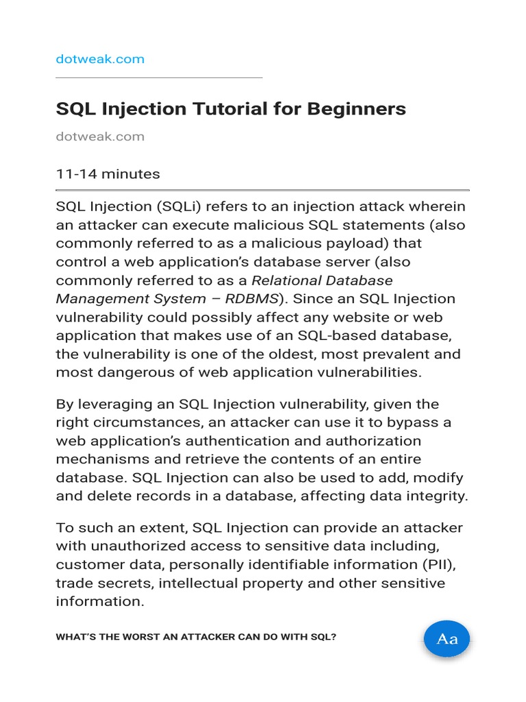 SQL Injection Tutorial For Beginners | PDF | Sql | Databases
