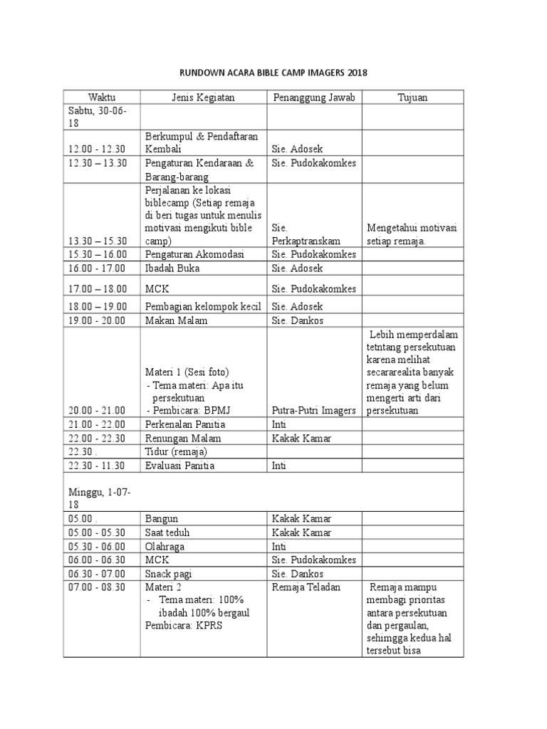 Rundown Acara Bible Camp Imagers 2018 New | PDF