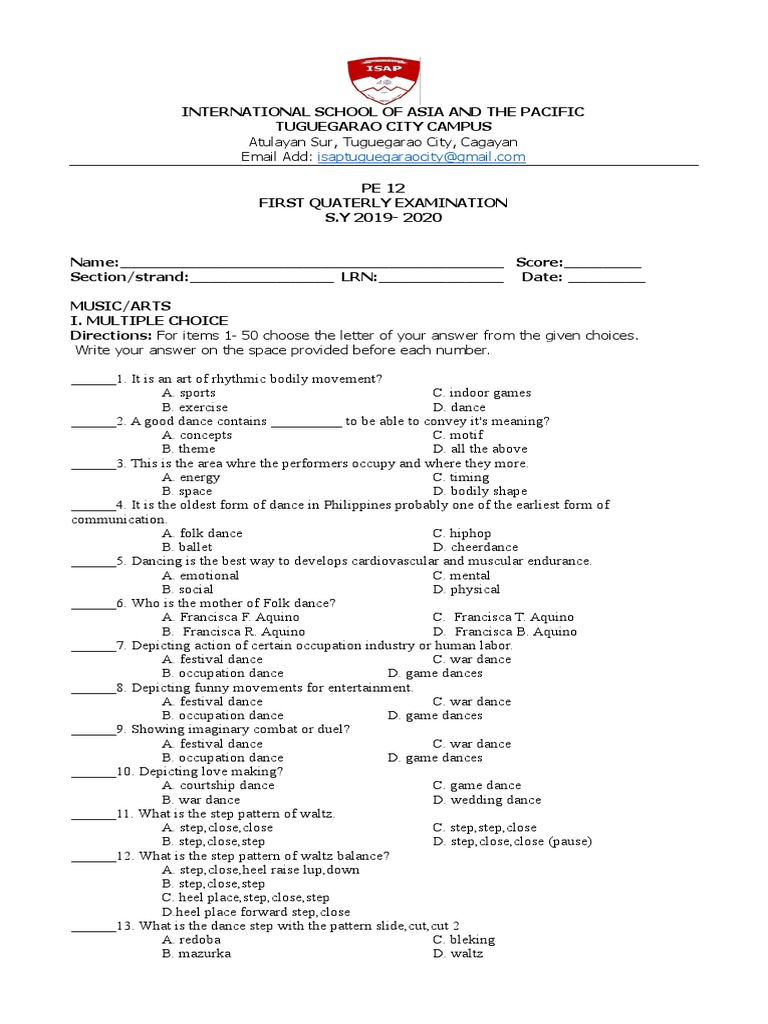 1st Examination of Pe 12 | PDF | Physical Fitness | Dances