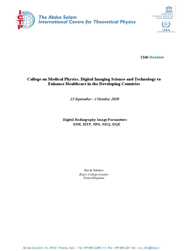 Digital Radiography Image Parameters SNR MTF NPS NEQ DQE | PDF ...