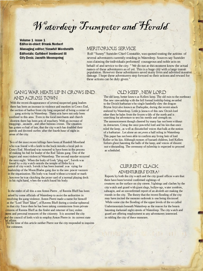 Waterdeep Herald Vol 1 Issue 1 | PDF
