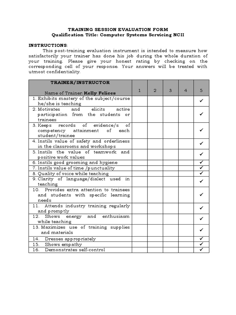 Training Session Evaluation Form Qualification Title: Computer Systems ...
