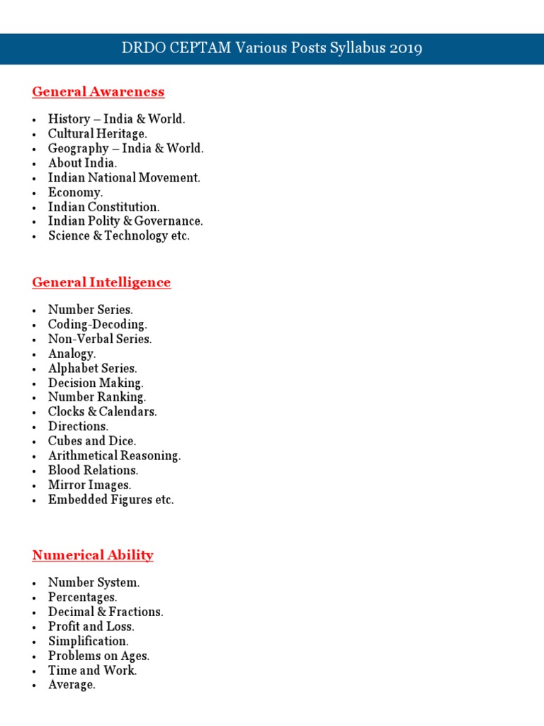 DRDO CEPTAM Various Posts Syllabus 2019: General Awareness | PDF