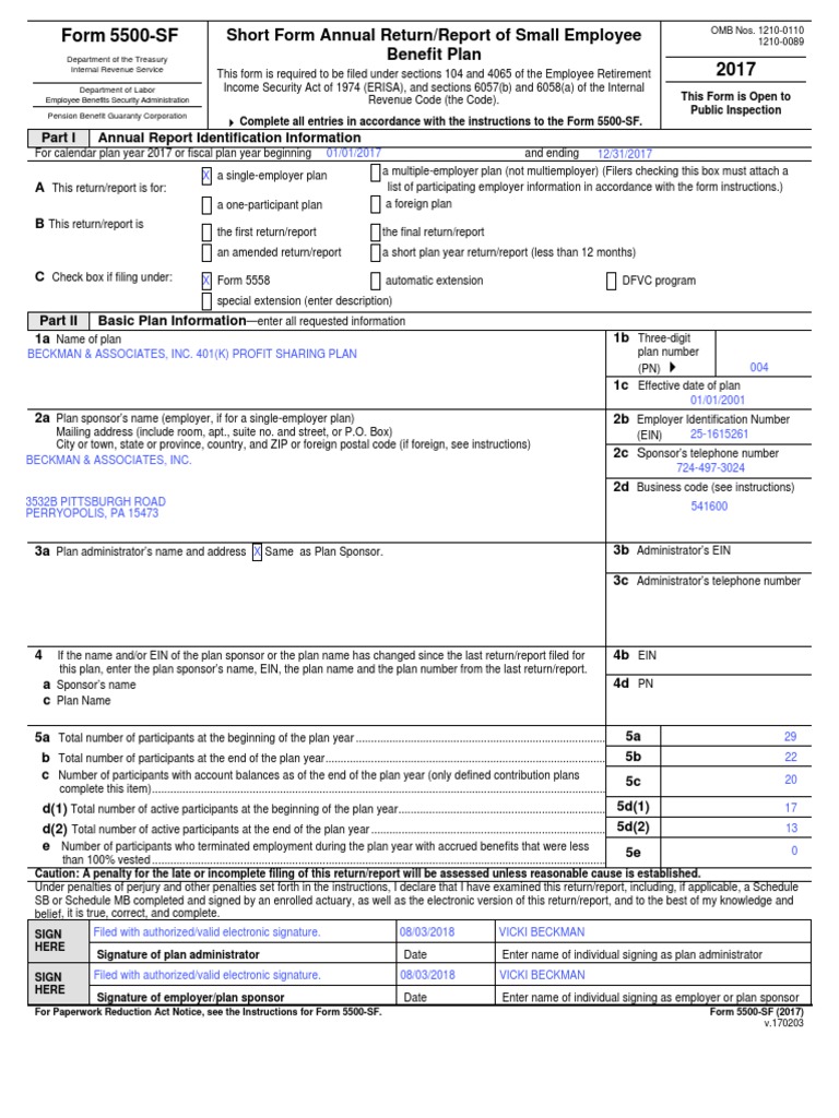 Form 5500-SF 2017: Short Form Annual Return/Report of Small Employee ...