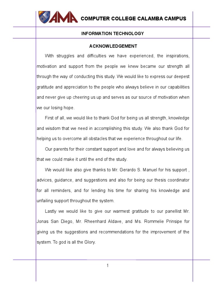 Computer College Calamba Campus: Information Technology Acknowledgement ...