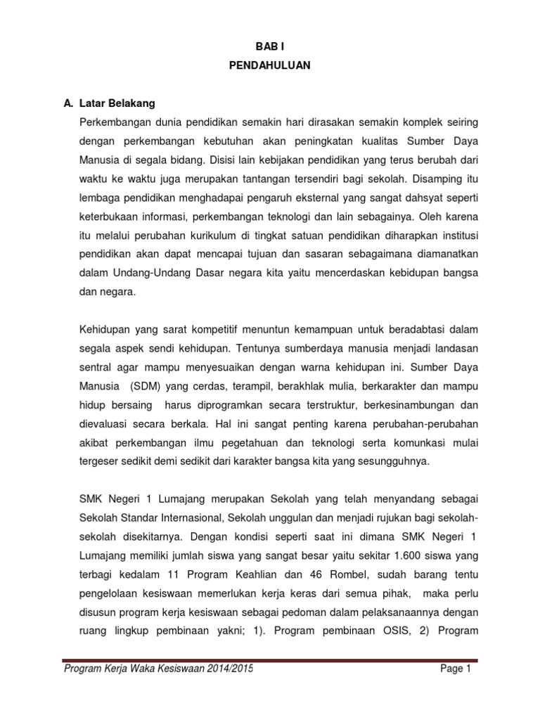Bab I Pendahuluan: Program Kerja Waka Kesiswaan 2014/2015